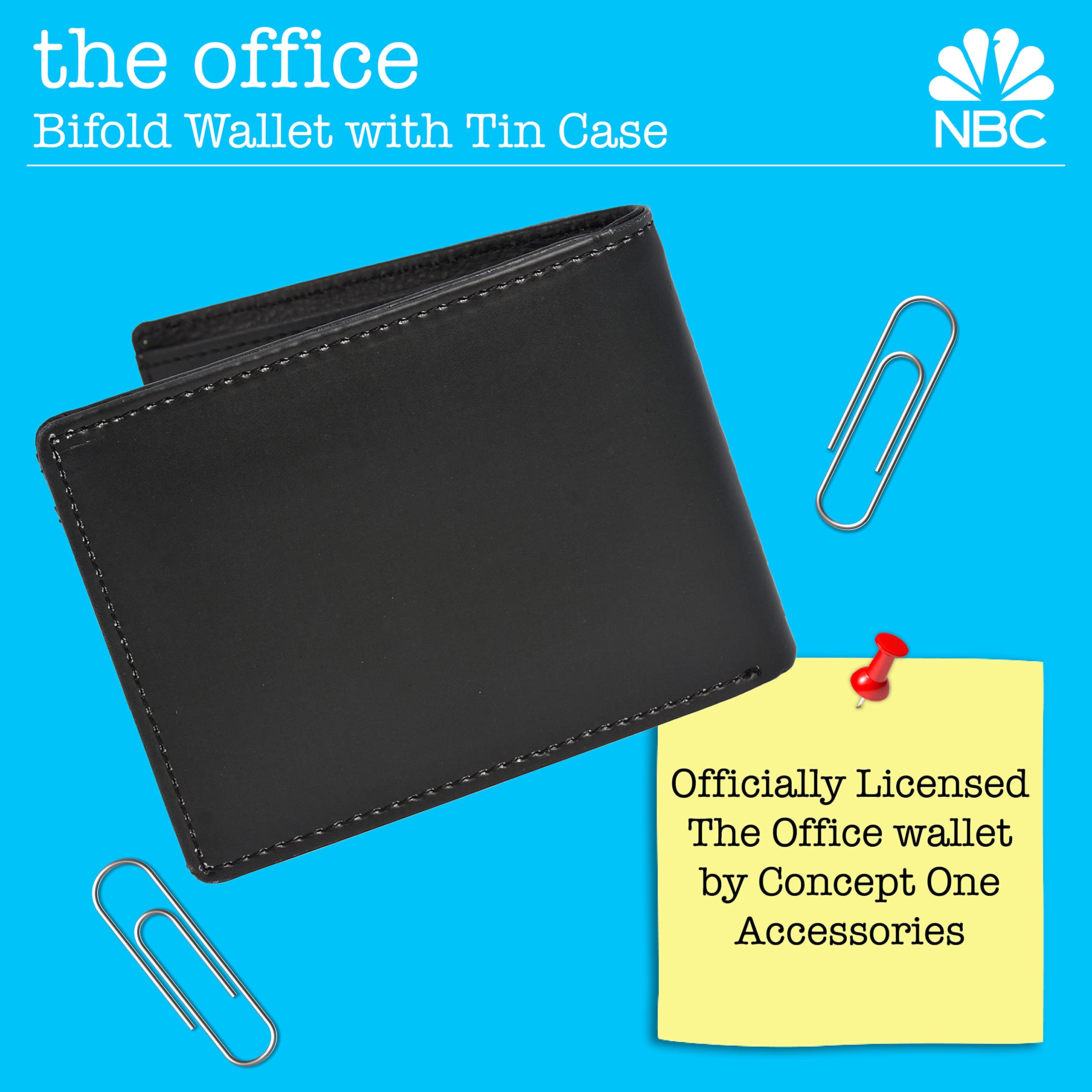 Concept One The Office Wallet, Dunder Mifflin Slim Bifold Wallet with Decorative Tin Case for Men and Women, Grey