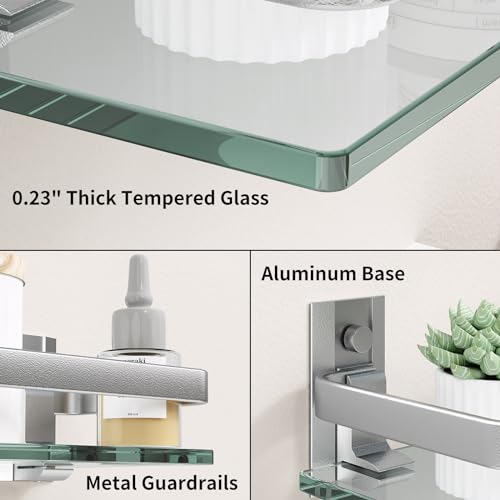 Danpoo Clear Tempered Glass Wall Shelf, Wall-Mounted Organizer for Bathroom, Kitchen(Matte Silver)