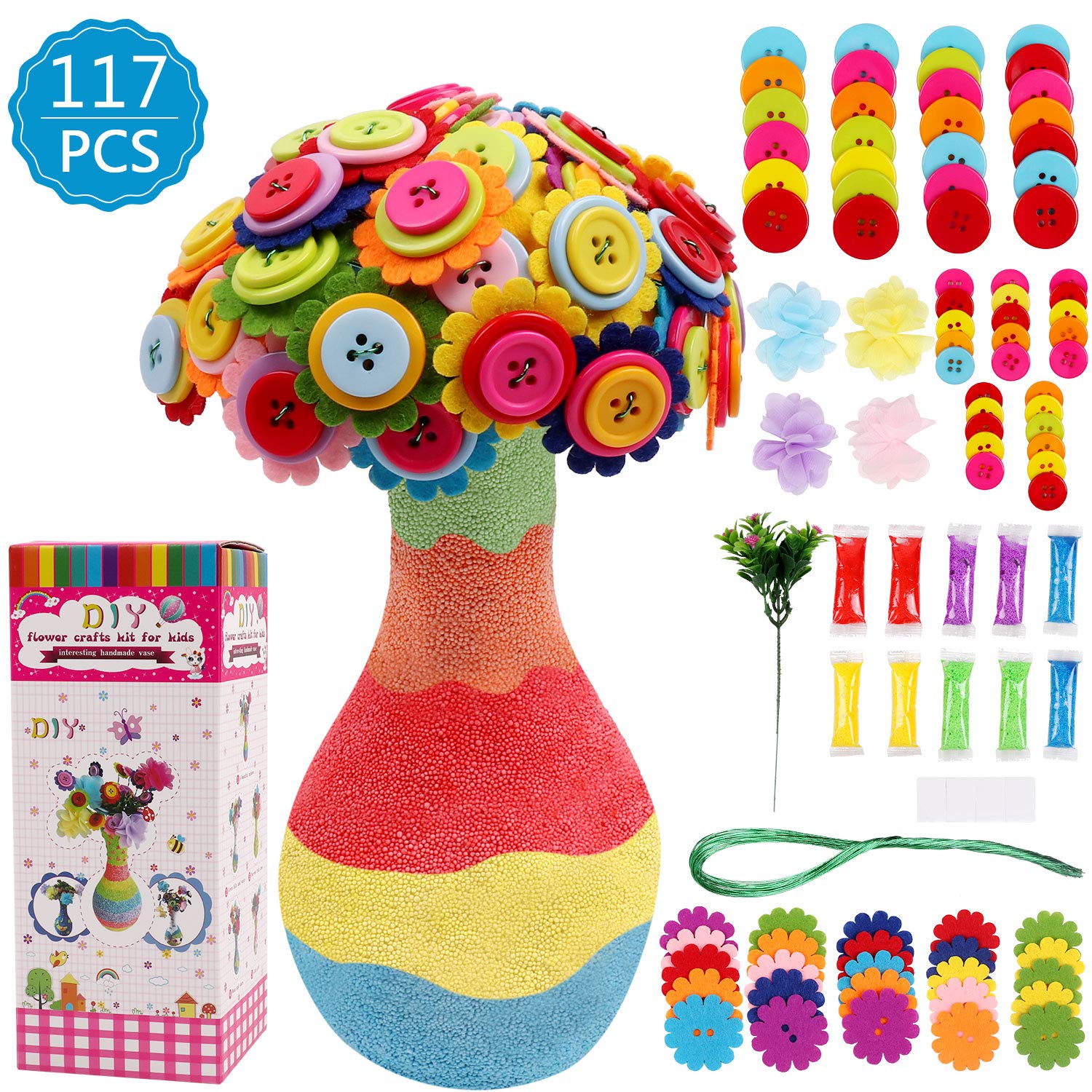 DigHealth DIY Vase with Flowers Craft Kit for Kids, Make Your Own Flower Bouquet by Buttons and Fabric, Crafts and Art Set Gift for Girls Boys Age 4 5 6 7 8 9 10 12 Years Old
