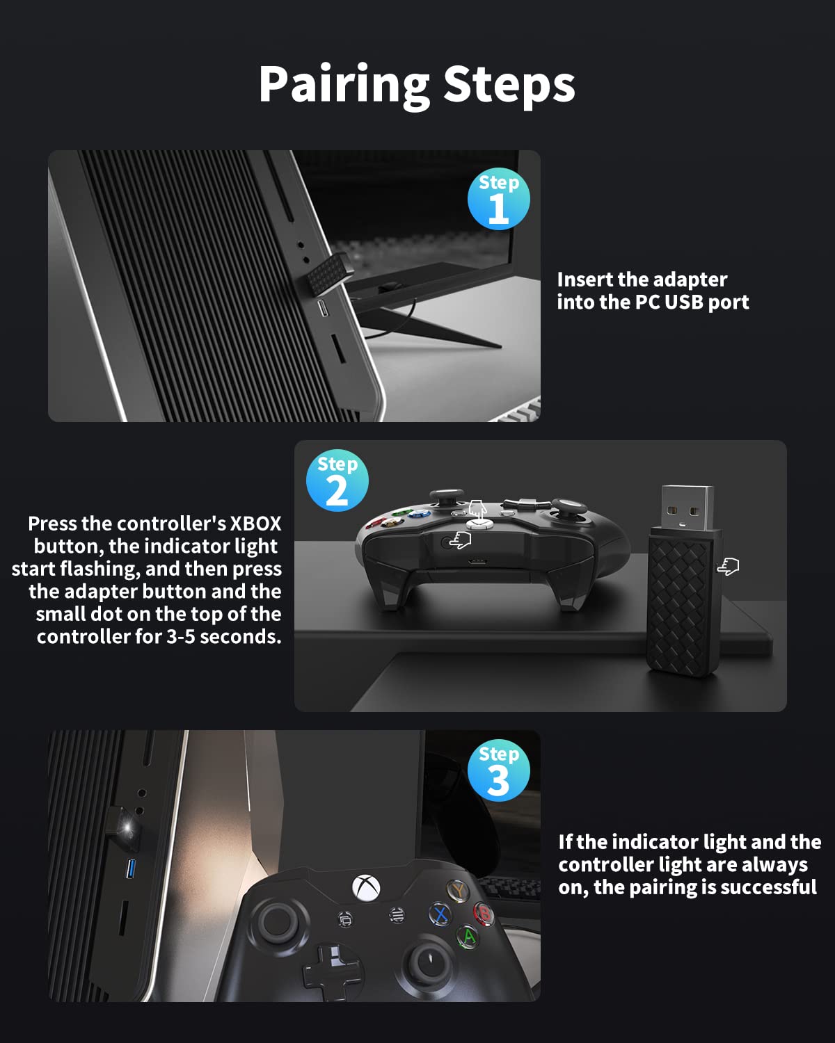 AOJAKI Wireless Adapter for Xbox One, Gamepad Computer PC Receiver Adapter Compatible with Xbox One, One S, One X, Elite 1, Elite 2 Controller, Suitable for PC, Laptops, Tablets, Windows 7 8 10 11.