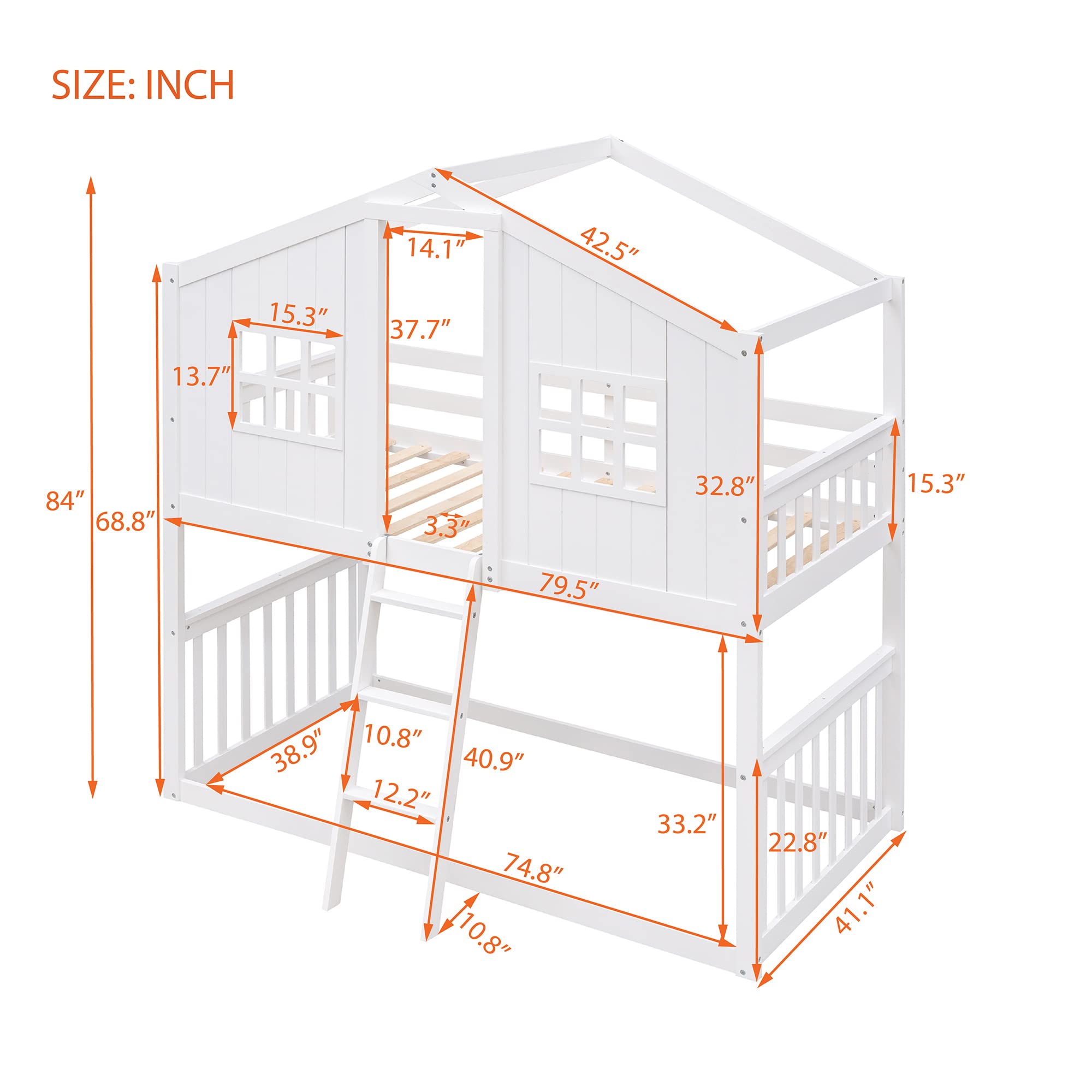 Harper & Bright Designs House Bunk Beds, Twin Over Twin Bunk Bed with Roof, Ladder and Windows, Floor Bunk Bed, Low Bunk Loft Bed for Kids Teens Boys & Girls, White