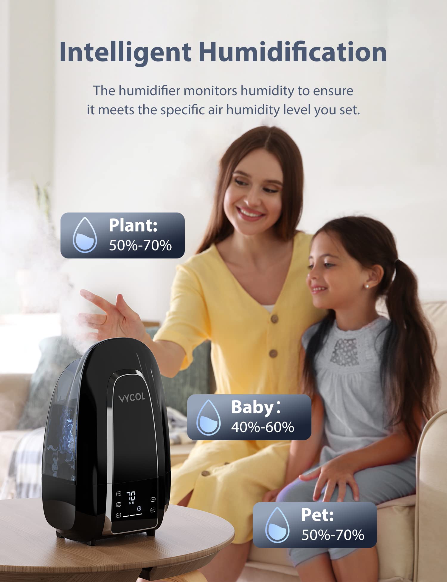 Humidifiers for Bedroom, Vycol 5.6L Smart Cool Mist Humidifier with Humidity Sensor & Timer for Large Room Home, Customized Humidity, Whisper Quiet Ultrasonic Air Vaporizer for Baby and Plants