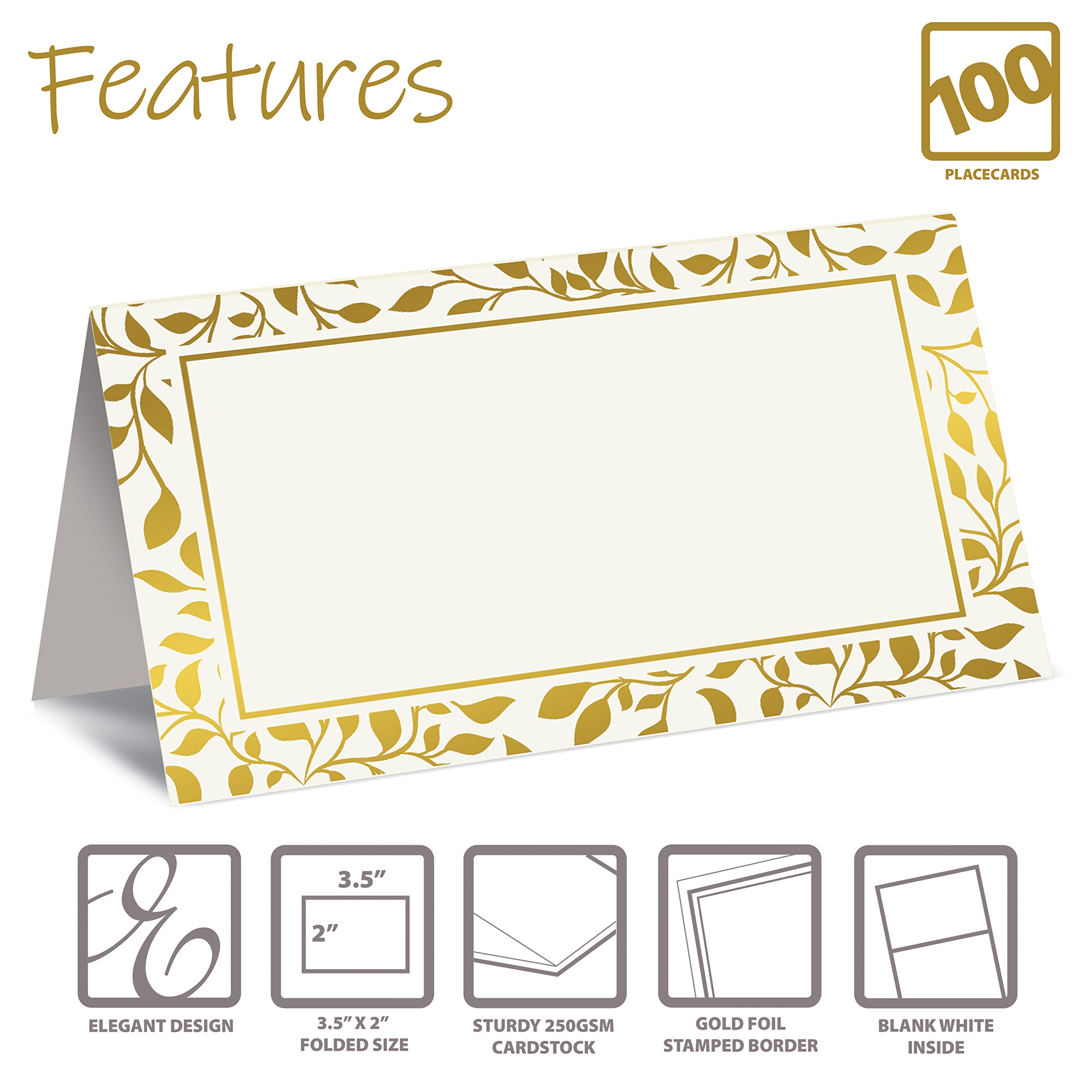 Better Office Products 100 Pack Place Cards, 2 x 3.5 in, White with Metallic Gold Leaf Foil Border, Folded Table Tent Cards for Weddings, Dinner Parties, Buffet Banquets,(100 Count)