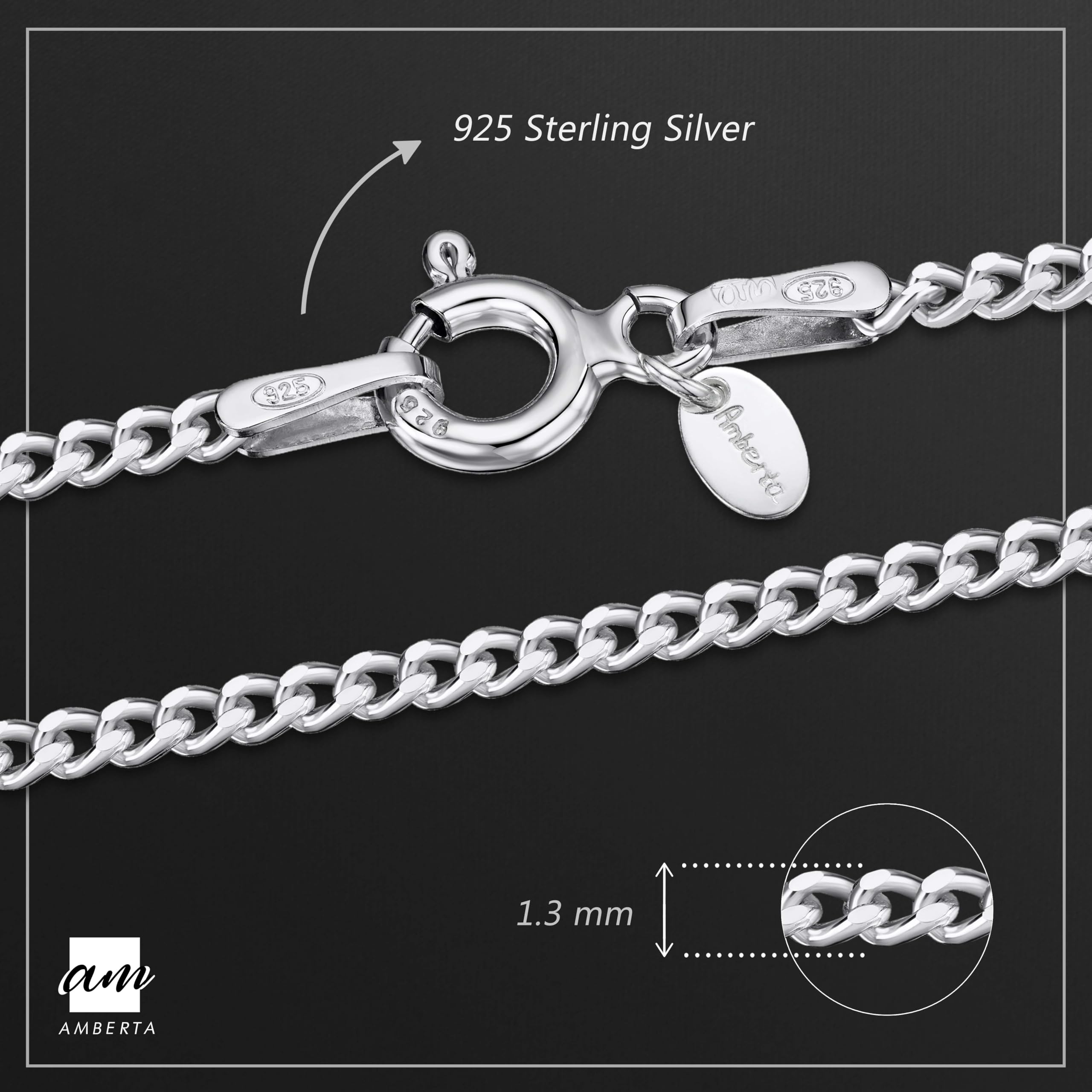 Amberta 925 Sterling Silver 1.5 mm Curb Chain Necklace Length 18" inch / 45 cm (18)