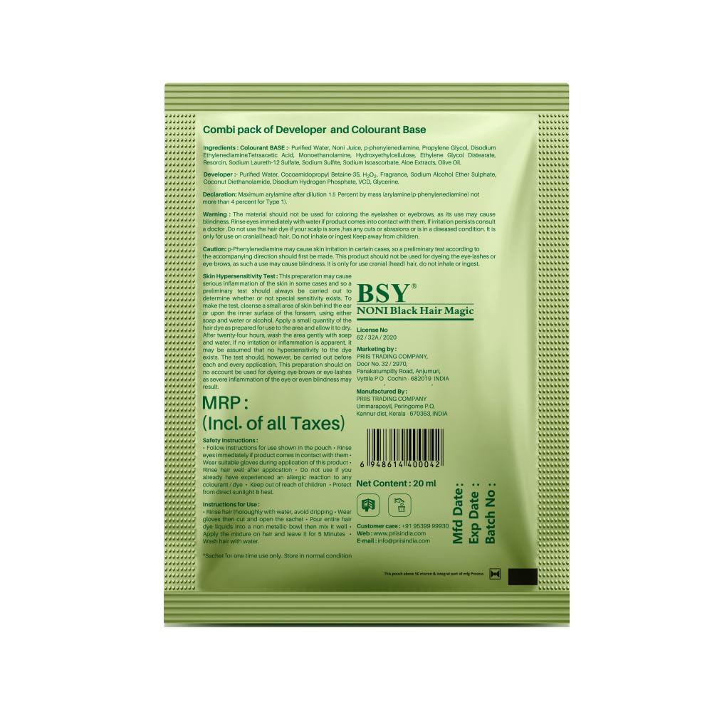 Pack of 3 - BSY Noni Black Hair Magic - Organic Natural Hair Dye (Black) - 20ml