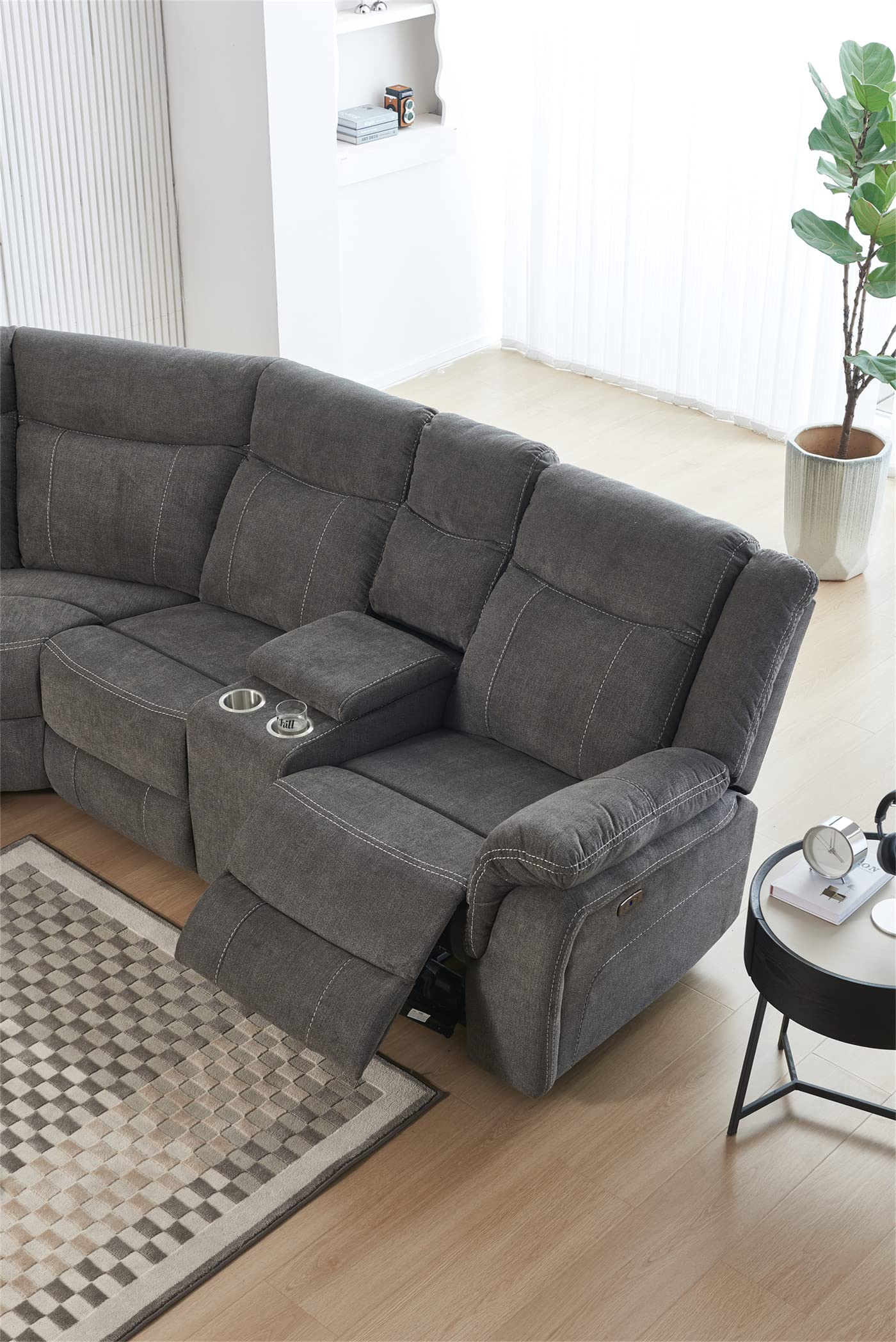 Elountik Modern Fabric Upholstered Power Reclining Sectional Couch with 2 Power Recliners, 2 Storage Consoles, 4 Cup Holders, USB Charging Ports, Gray Frabic