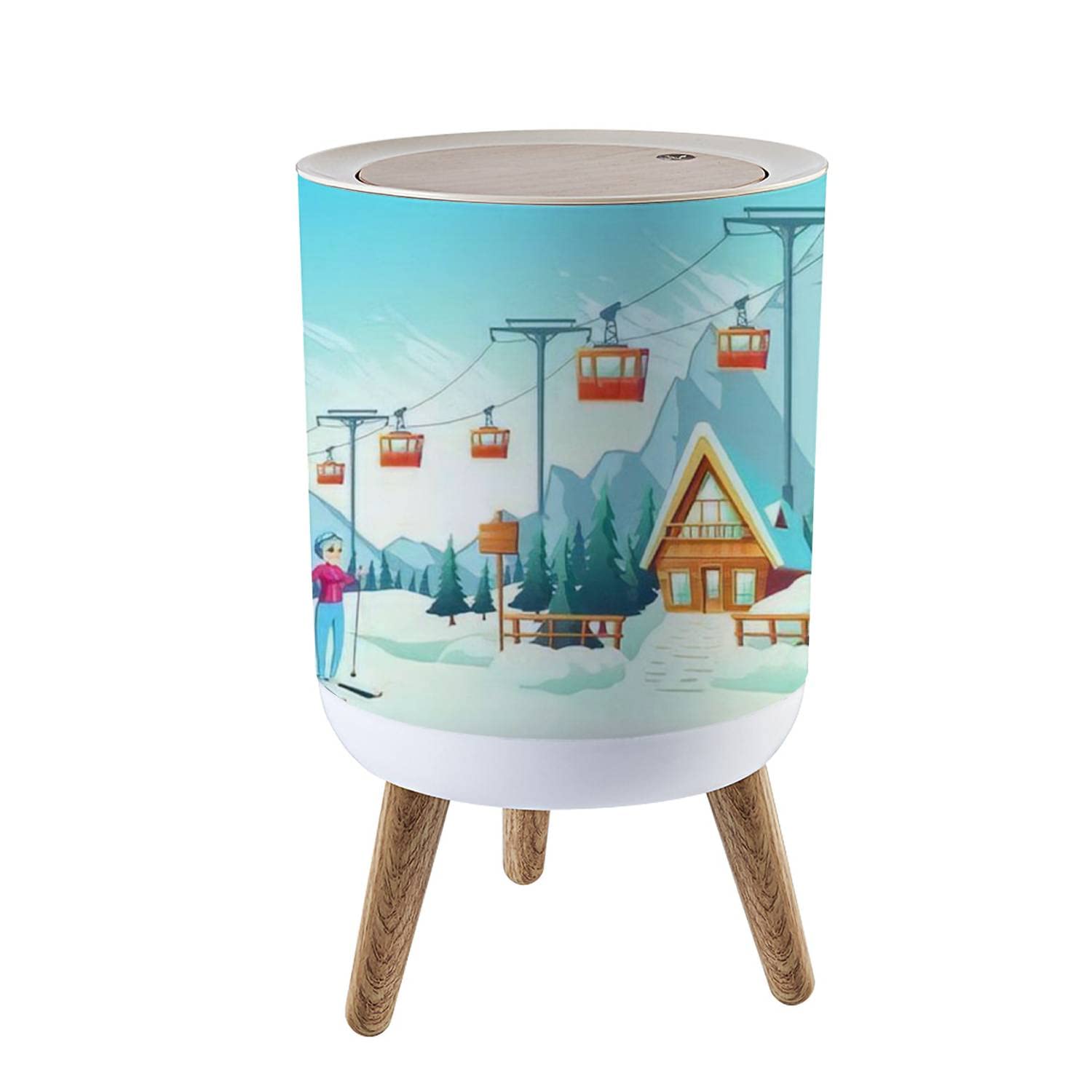 Small Trash Can with Lid Winter vacation active weekend leisure in mountain resort cartoon Waste Bin with Wood Legs Press Cover Wastebasket Round Garbage Bin for Kitchen Bathroom Bedroom Office