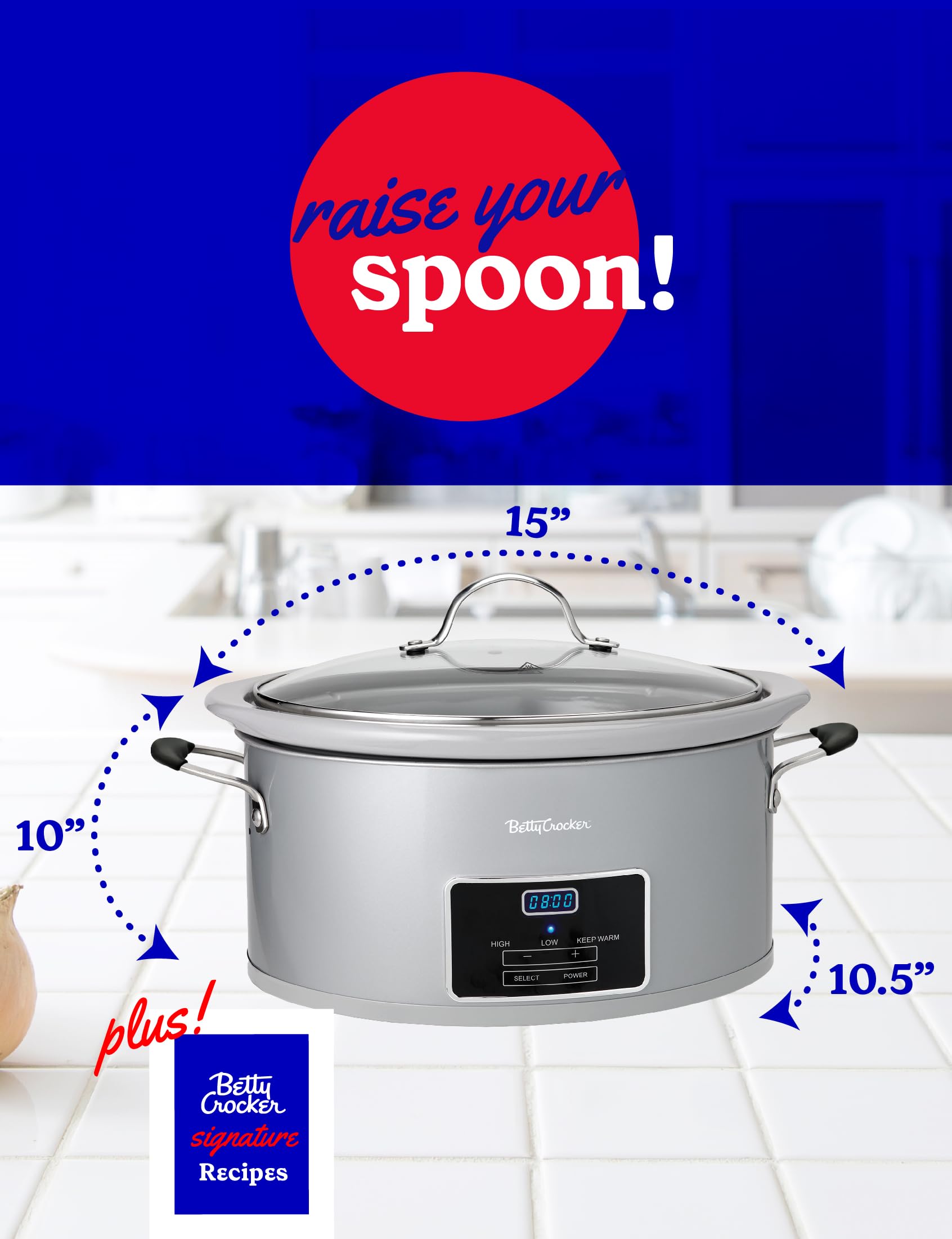 Betty Crocker 6-Quart Oval Digital Slow Cooker, Programmable Crock Pot Up to 20 Hours, Electric Cooking Pot with LCD Digital Display, Removable Stoneware Crock Liner, Betty Crocker Cookbook,Silver