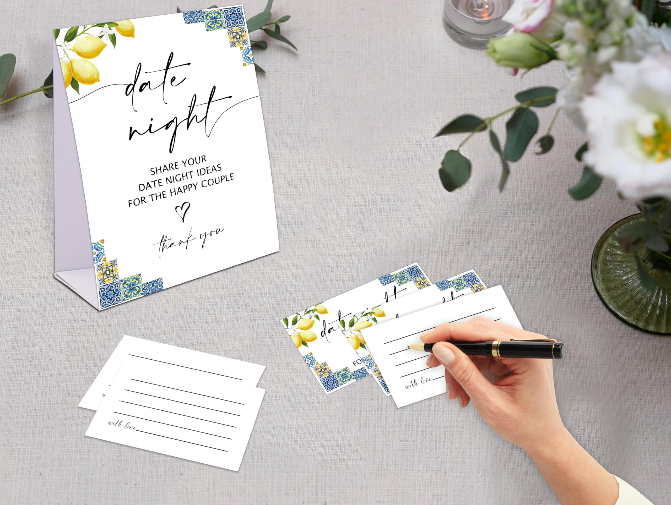 Blue Tiles and Lemons Date Night Game, Date Night Ideas Sign with 50 Cards, Bridal Shower Game, Modern Bridal Shower Decorations, Wedding Date Night Advice - 02