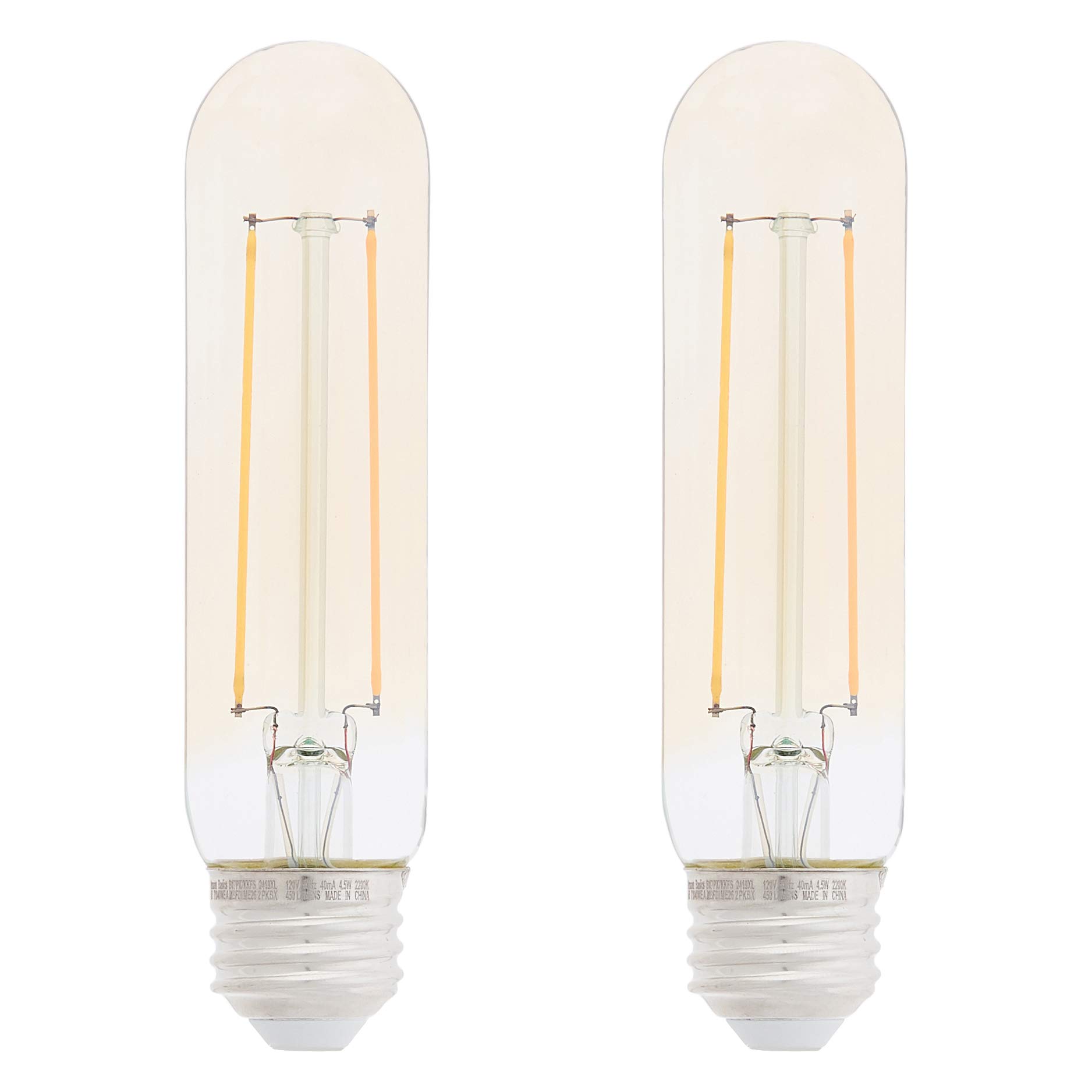 Amazon Basics 40 Watt Equivalent, Amber, Dimmable, 15,000 Hour Lifetime, T10 Vintage Glass LED Light Bulb , ,Yellow, 2-Pack