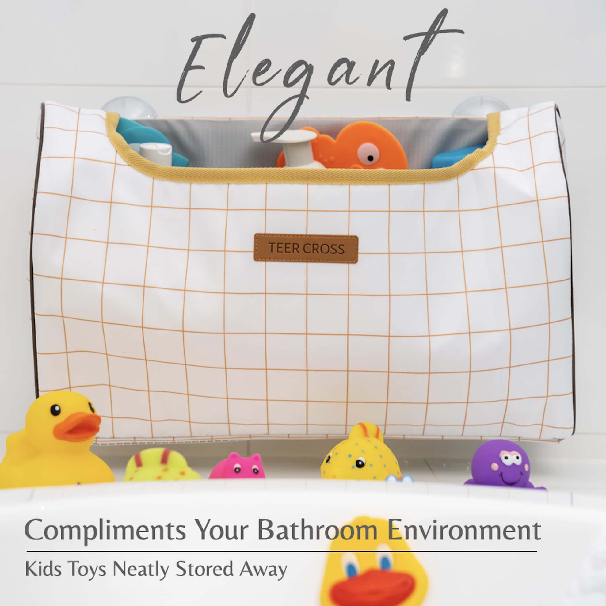 Large Bath Toy Storage with A Quick Dry Mesh Base. Sturdy Bath Toy Holder with 3 Strong Suction Cups. The Bath Toy Organizer Keeps Your Bathroom Tidy. Bathtub Toy Holder (Golden Check)
