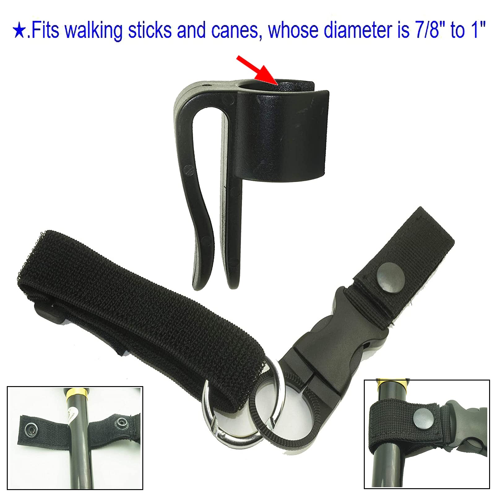 Adjustable Elastic Wrist Straps and Hands Free Walking Stick Cane Holder No More Dropping Walking Sticks - Attach to Belt or Waist Band -(Suitable for 7/8~1")~ Perfect Solution - No Walking Stick