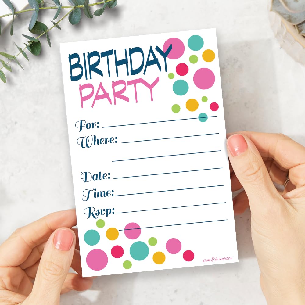 Adult or Teen Birthday Party Invitations Colorful Dots - Fill In Style (20 Count) With Envelopes