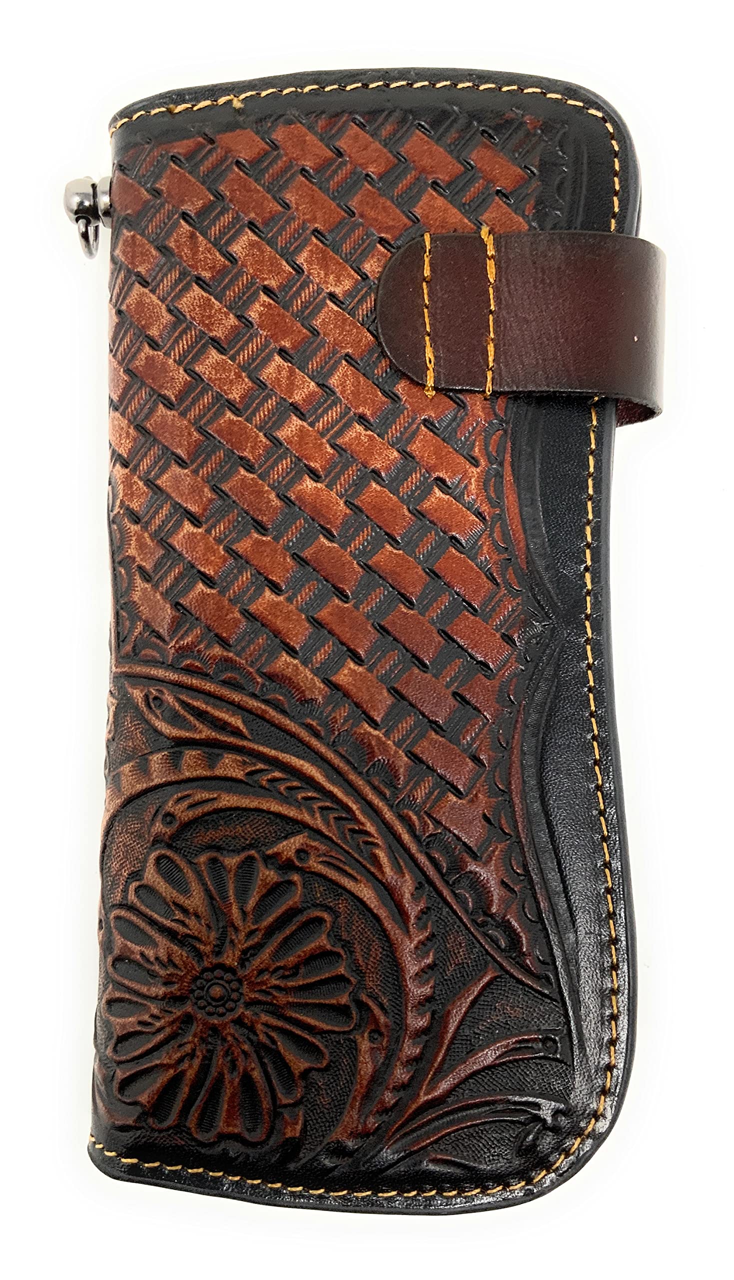 Large Concho and Print Flora Genuine Leather Women's Trifold Wallet/Cellphone Case with Exrta Wrist in 3 colors (Brown)
