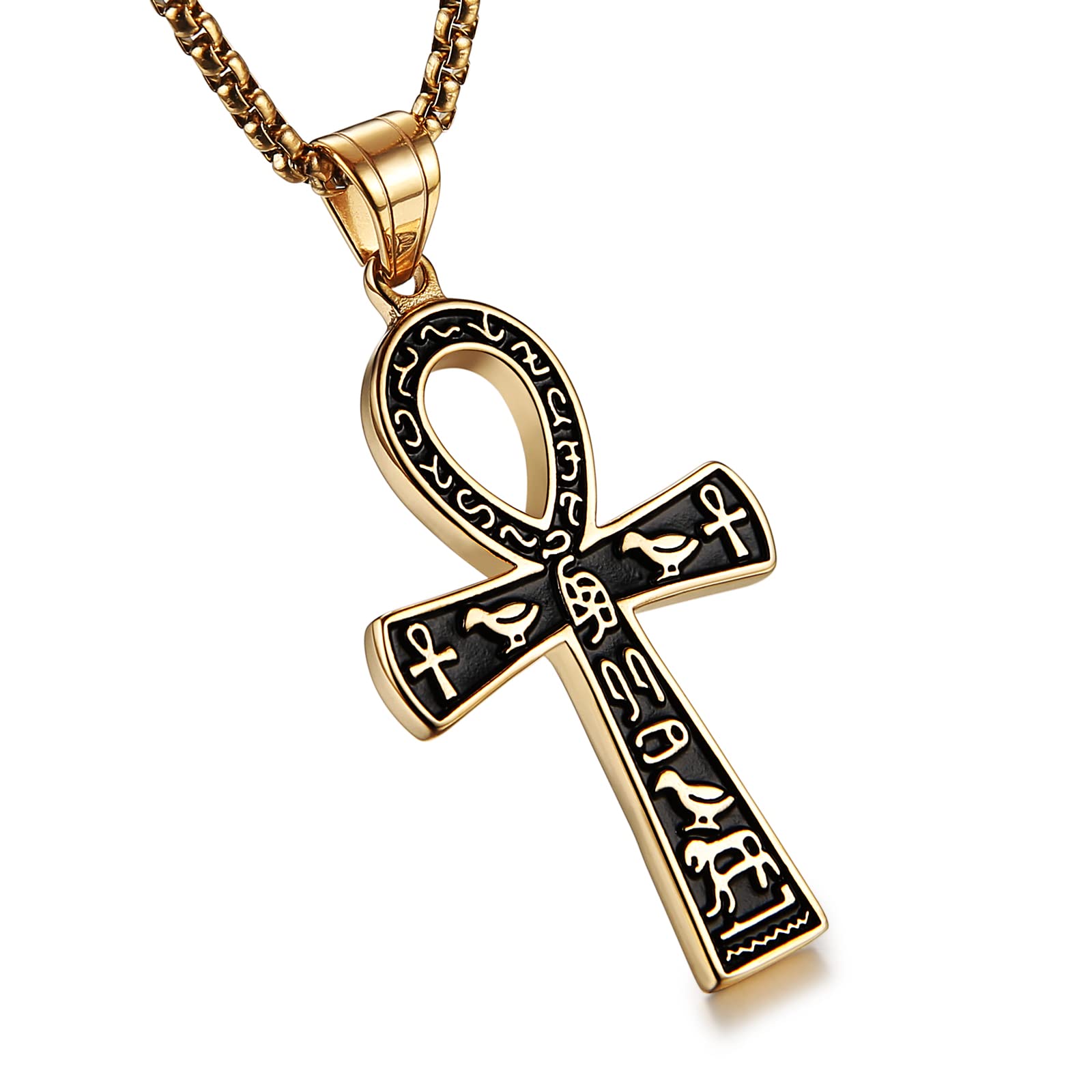 HZMAN Stainless Steel Large Ankh Cross Pendant Ancient Egyptian Hieroglyphic Symbol 22+2 Inch Chain (Gold-Small)