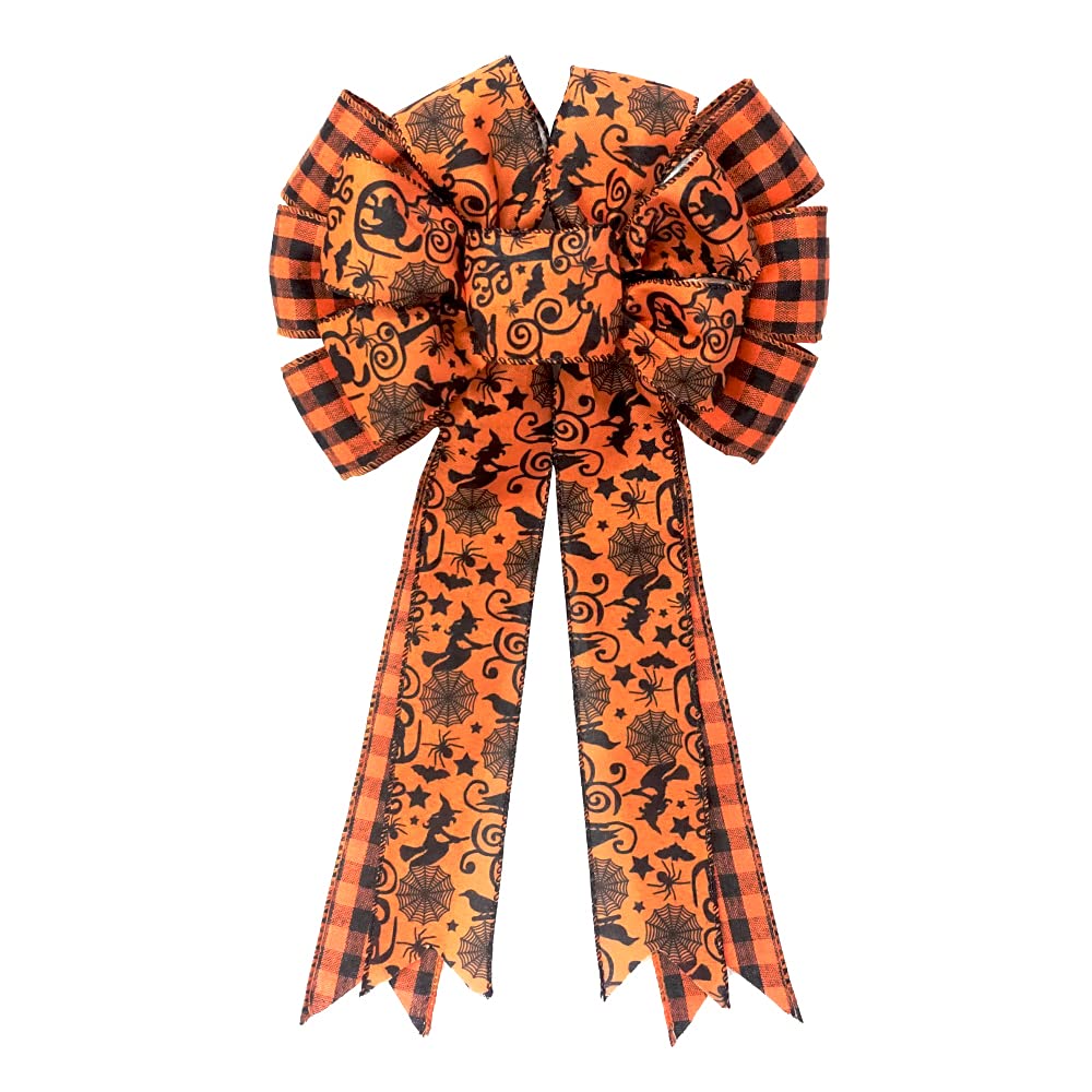 Large Halloween Witch Bats Wreath Bow, Orange Buffalo Plaid Bow for Wreath for Halloween Party Home Garden Indoor Outdoor Decoration Wreath Ornament Supplies.