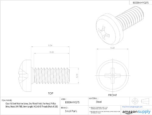 Small Parts Class 4.8 Steel Machine Screw, Zinc Plated Finish, Pan Head, Phillips Drive, Meets DIN 7985, 6mm Length, M2.5-0.45 Metric Coarse Threads (Pack of 100)