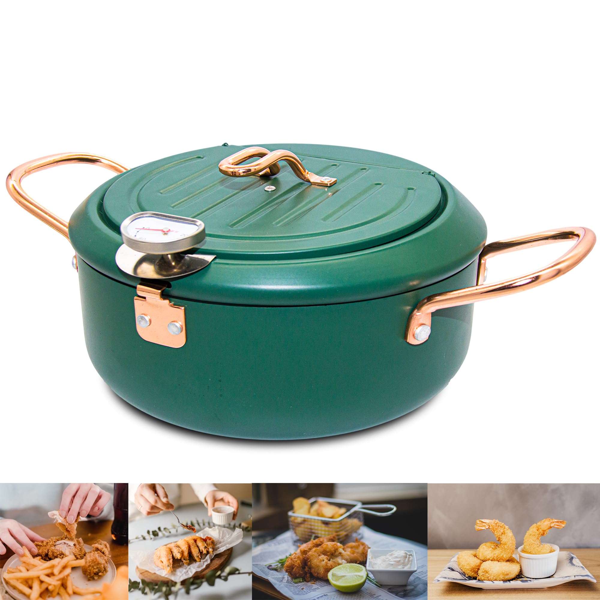Cyrder Deep Fryer Pot, 4.3L/11 Inch Japanese Tempura Frying Pot with Fahrenheit Thermometer, Nonstick Carbon Steel Oil Fryer, for Tempura/Frech/Fish/Chicken Fries, Easy Clean, Green