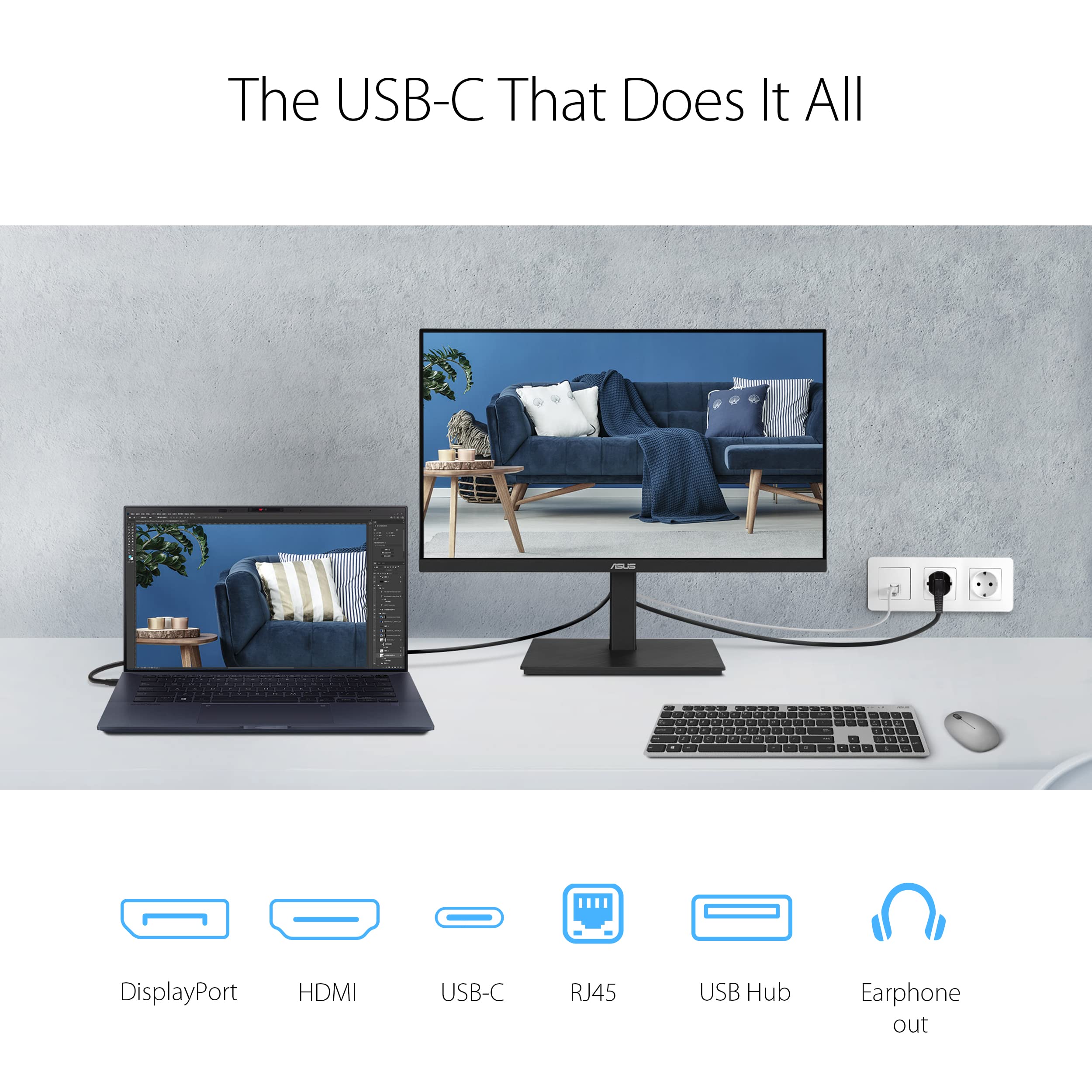 ASUS 27β 1080P Docking Monitor (VA27ECPSN) β Full HD, IPS, 75Hz, Adaptive-Sync, Speakers, Eye Care, Low Blue Light, Flicker Free, RJ45, USB-C, DisplayPort, HDMI, Height Adjustment, VESA Wall Mountable