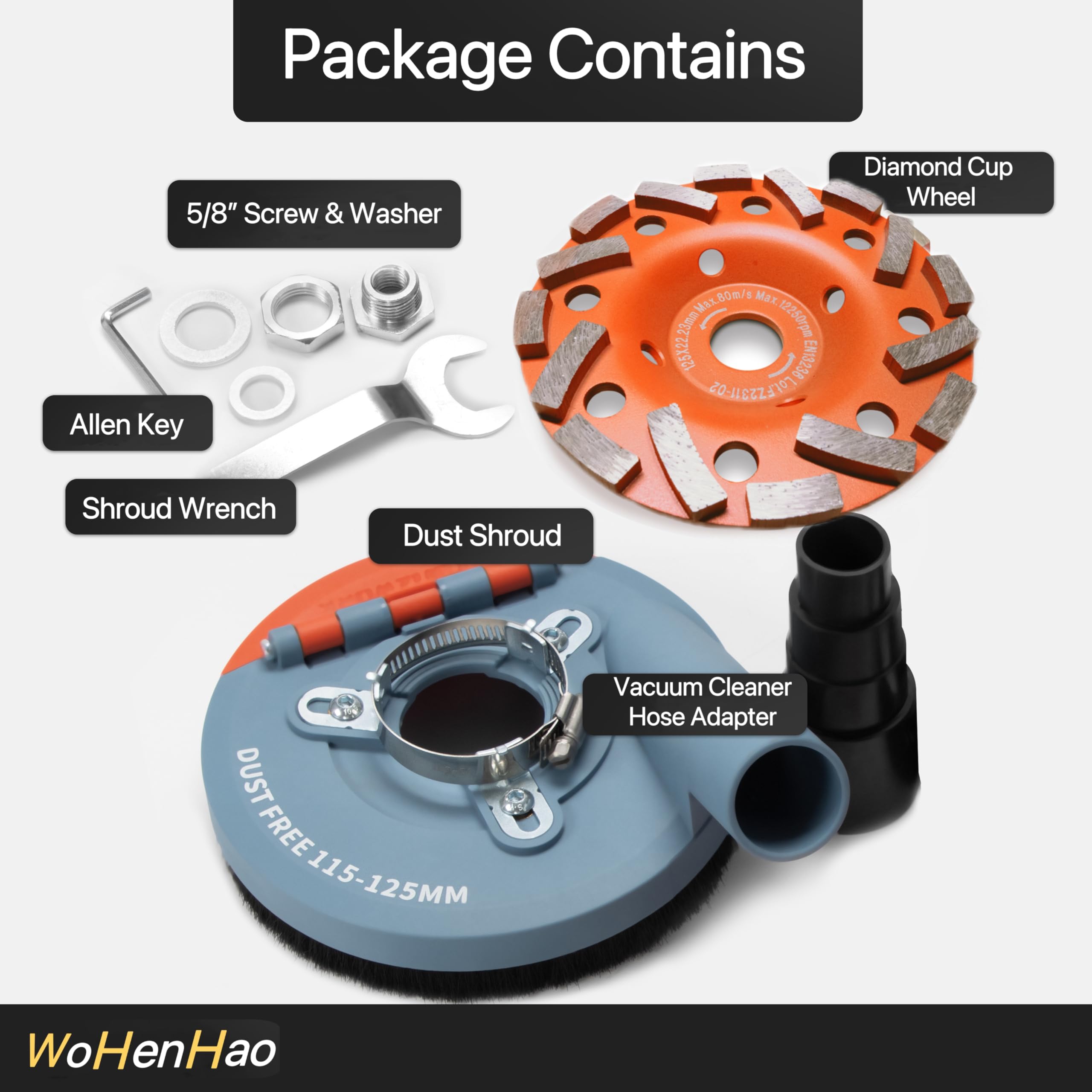 Wohenhao Dust Shroud for Angle Grinder 4.5-5 inch + Diamond Grinding Cup Wheel 5 inch, Universal Surface Grinding Shroud with Grinding Wheel for Concrete Surface, Cement, Marble, Rock, Granite