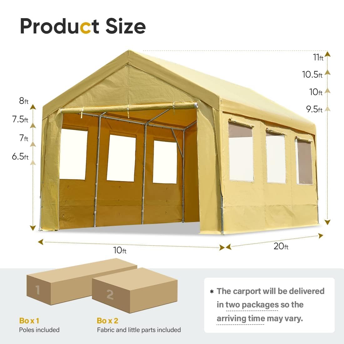 ADVANCE OUTDOOR 10x20 ft Heavy Duty Adjustable Carport with 6 Roll-up Ventilated Windows & Removable Sidewalls Car Canopy Garage Boat Shelter Party Tent, Peak Height from 9.5ft to 11ft, Beige Yellow