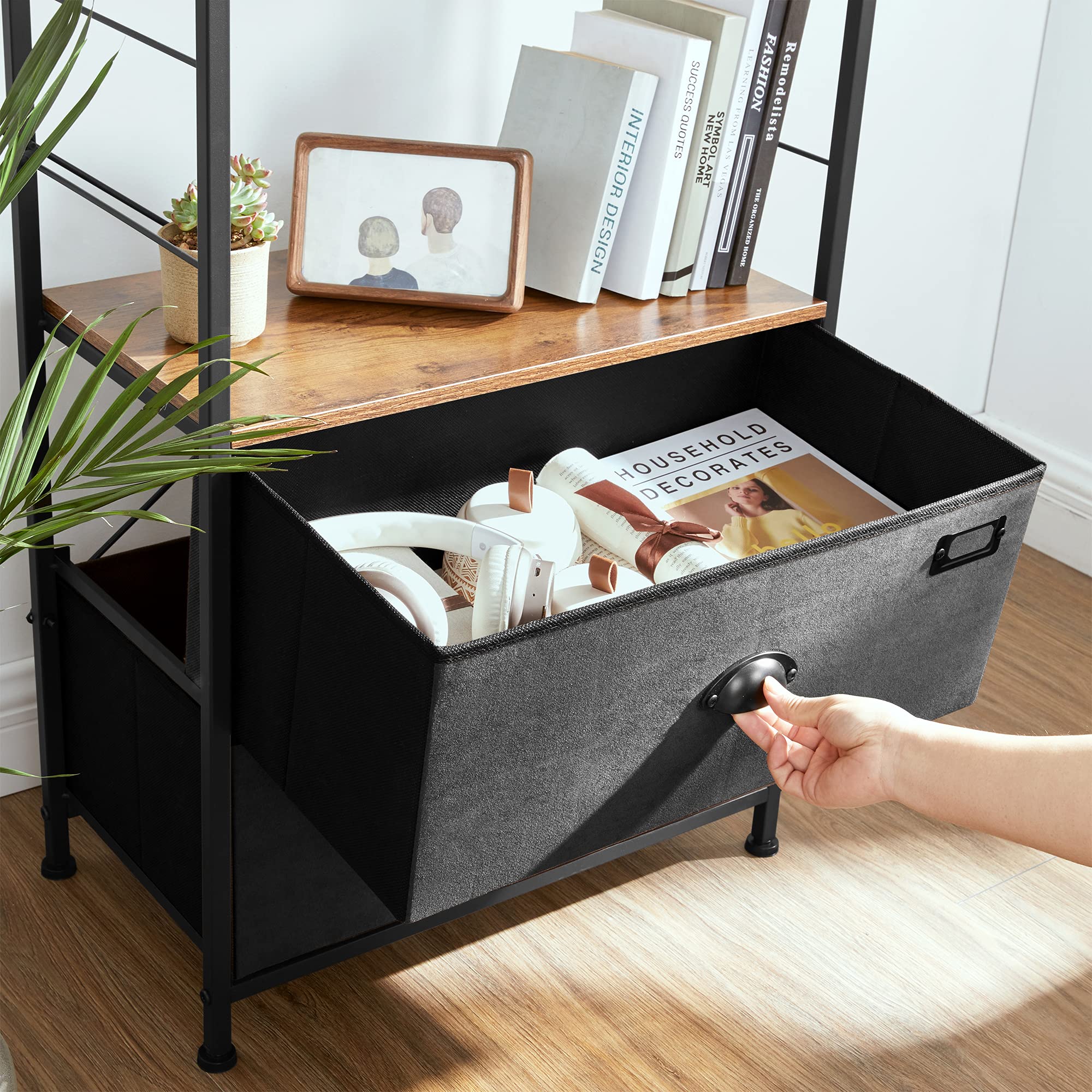 SONGMICS Nightstand, Industrial Bedside Table with 2 Fabric Drawers, Storage Shelves, Vertical Dresser Storage Tower with Wooden Top, Metal Frame, Labels, Rustic Brown and Black ULVT03H