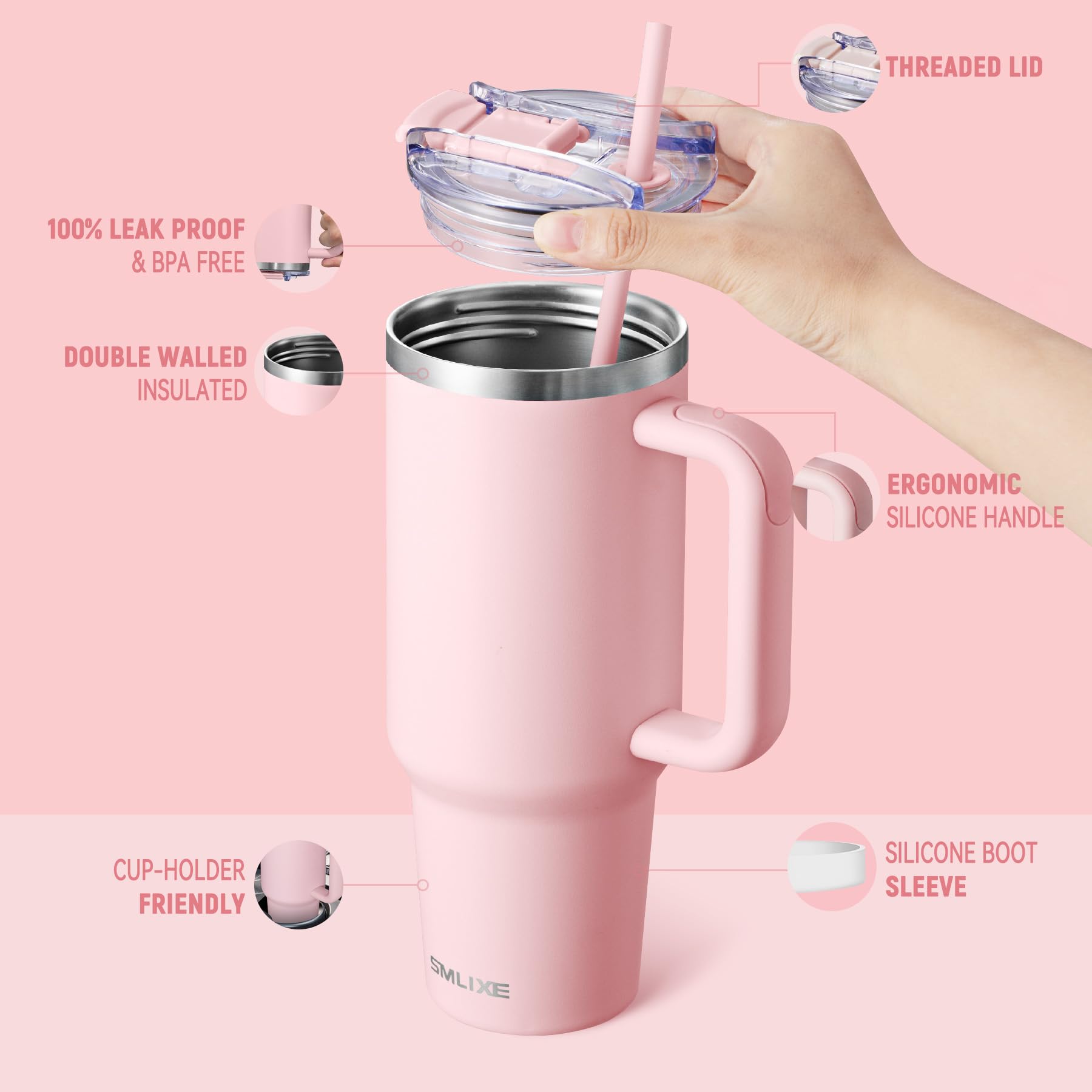 SMLIXE 40 oz Tumbler with Handle and Straw Lid,Insulated Reusable Stainless Steel Water Bottle Travel Mug,Cupholder Friendly Double Wall Vacuum Sealed Cup (Pink)