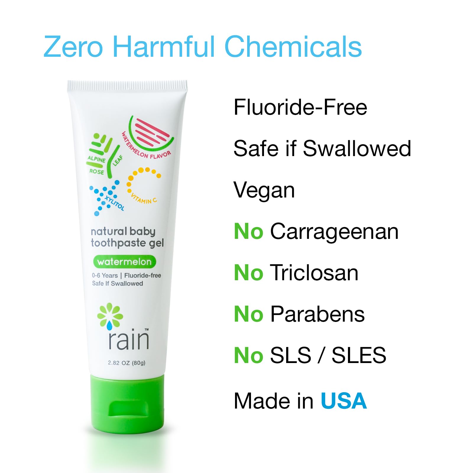 Rain Natural Baby Fluoride Free Kids Toothpaste Gel - Safe to Swallow Infant Toddler Tooth Paste, 2.8 Oz, Babies Training, Ages 6 to 12 months and Up Vitamin C Watermelon Toothpaste for Kids 0-6 years