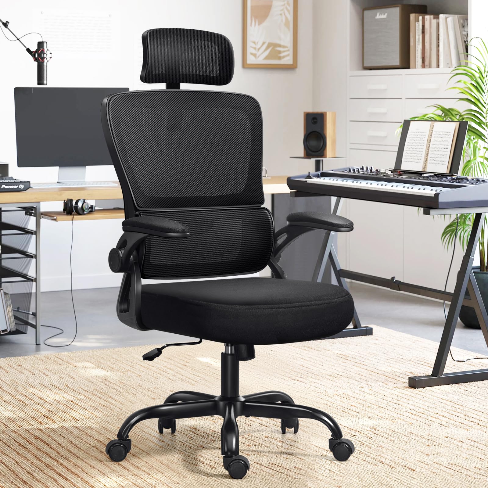 Office Chair Ergonomic Home Desk Chair, High Back Home Office Chair, Big Tall Computer Chair,Adaptable Lumbar Support, Flip-up Arms 125°Rocking, Adjustable Headrest, Thicken Cushion (Black)