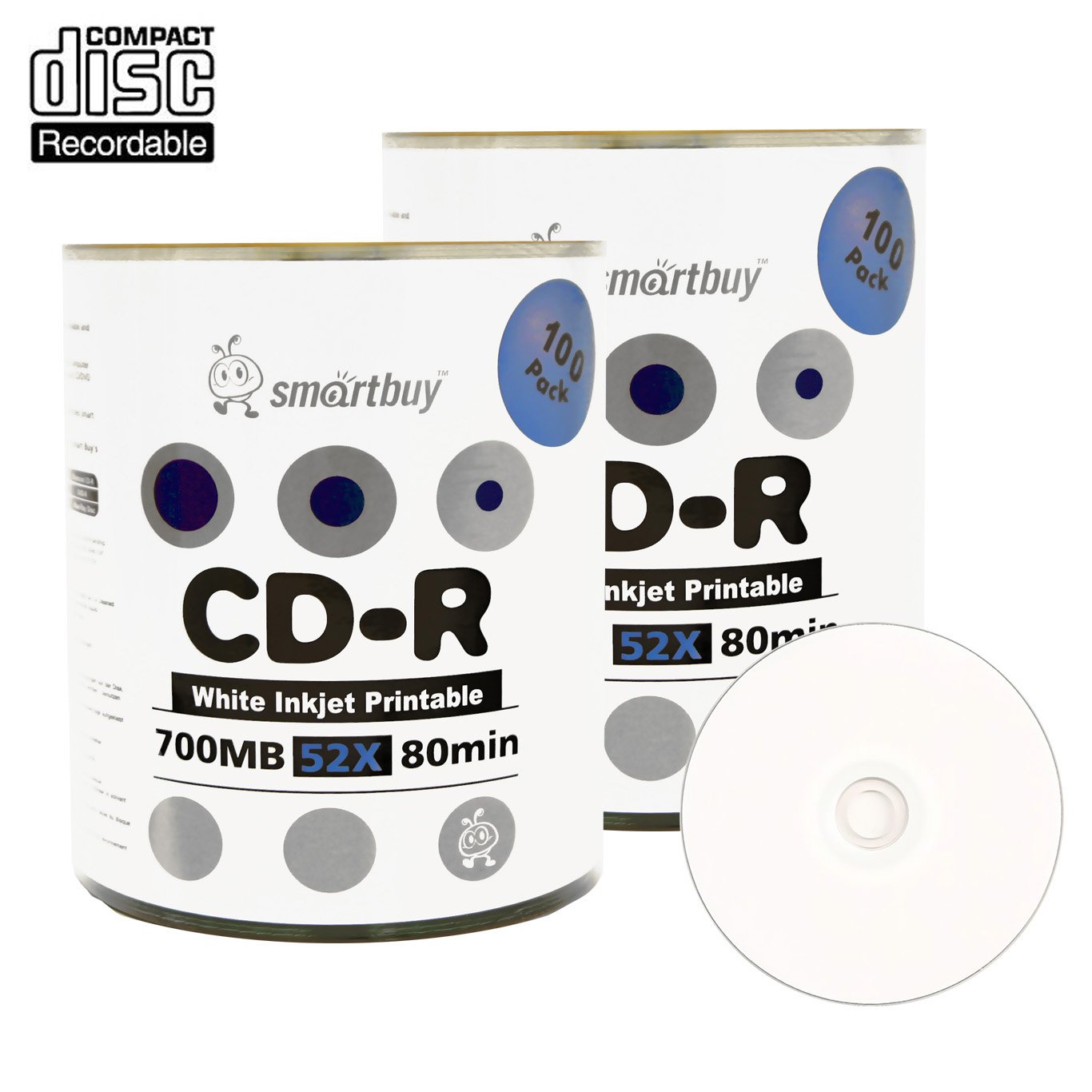 Smart Buy CD-R 200 Pack 700mb 52x Printable White Inkjet Blank Recordable Discs, 200 Disc, 200pk