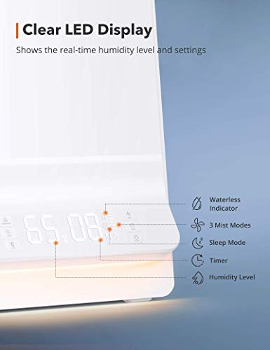 Humidifiers for Bedroom, 6L Ultrasonic Cool Mist Humidifier with Humidistat, LED Display, Wide Opening, Easy to Clean & Fill, Sleep Mode, Long Working Time, Air Humidifier for Bedroom Large room (White)