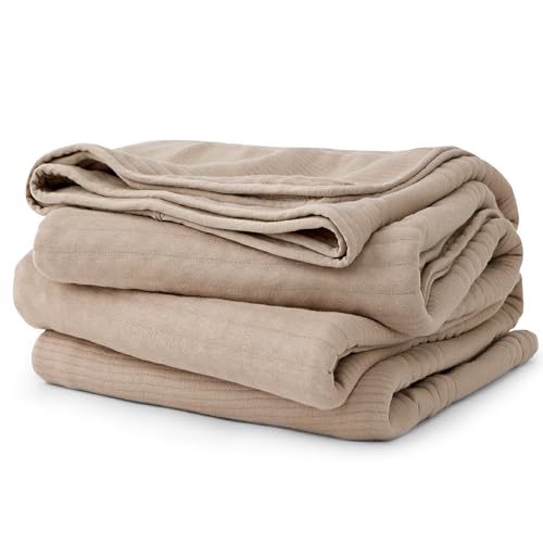 Bedsure Summer Quilt Blankets Queen Size, Breathable Quilted Bed Blankets for Spring, Super Soft Blanket with Striped Texture, Modal Cotton Thermal Blanket for All Seasons, Tan Khaki, 90x90