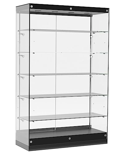 Displays2go 4’ Frameless Glass Showcases with LED Lighting, Adjustable Shelves, Locking, MDF – Black (GTAP48LEDB)