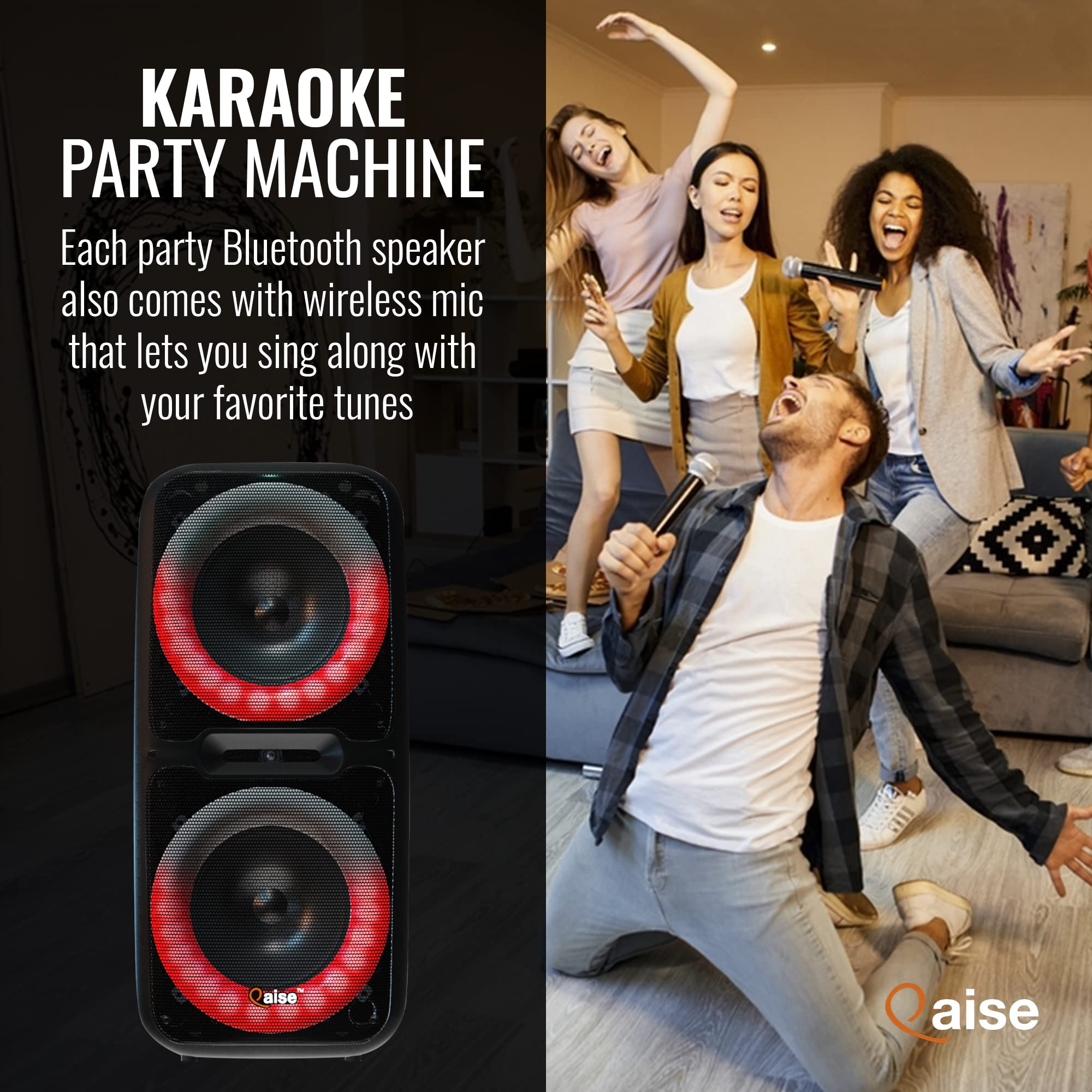 QAISE Portable Bluetooth Speaker & Karaoke Machine - Portable PA System with Wireless Mic, Professional Dual 10β Subwoofer with Lights, 7h Play time, 5000 Watts Peak Power - SonicBoomer X-BASS