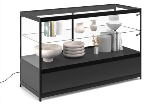 Displays2go 60 Inch Glass Showcase, Hidden Storage, LED Lights, Lockable Sliding Door - Black (IAPHV60LED)