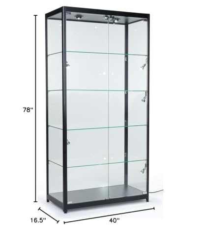 Displays2go Black LED Trophy Showcase, Locking, LED Lighting, Tempered Glass, Laminated MDF & Aluminum β Black (LESC10478B)