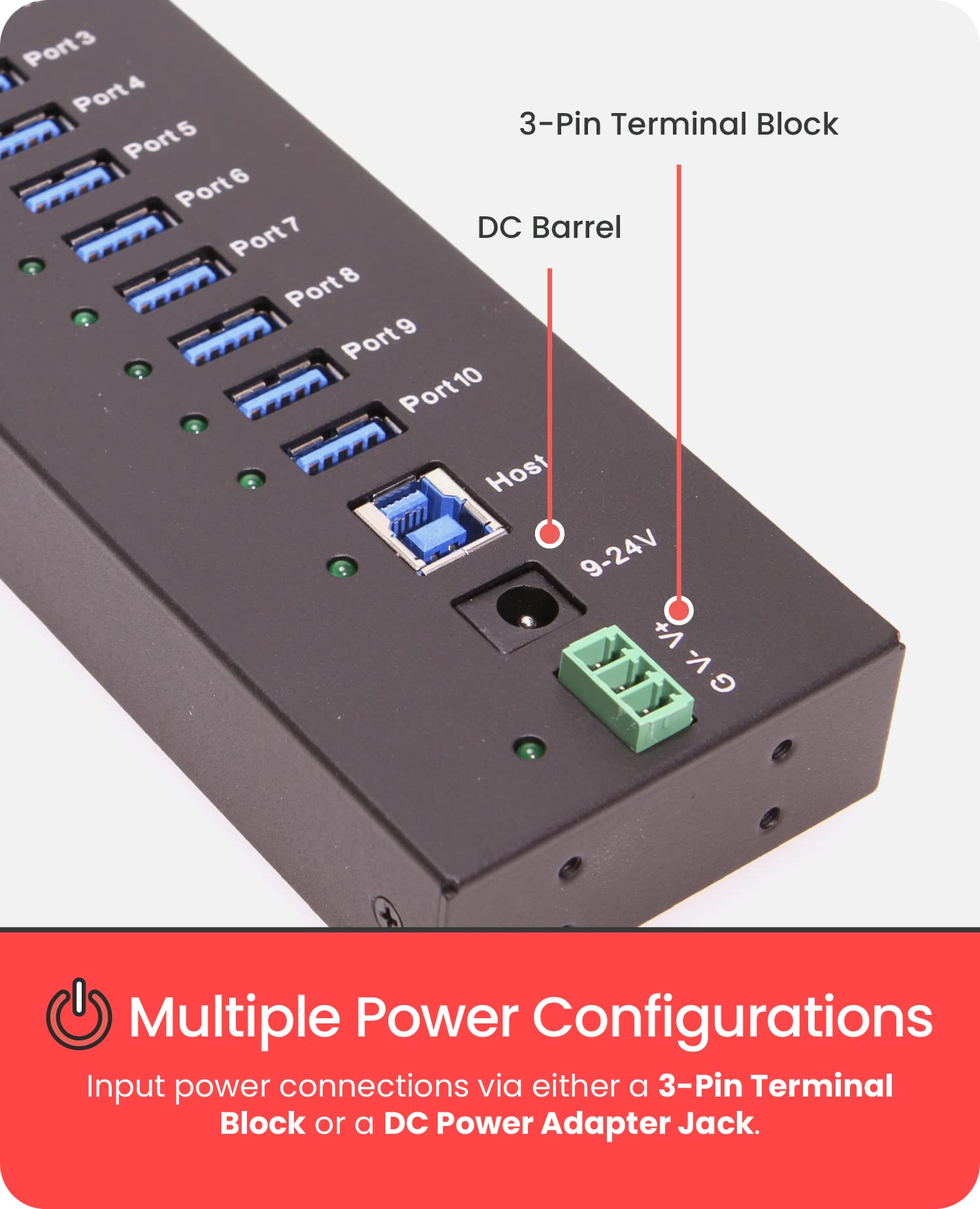USB 3.2 Gen 1 10 Port Industrial Metal Hub w/15KV ESD Protection
