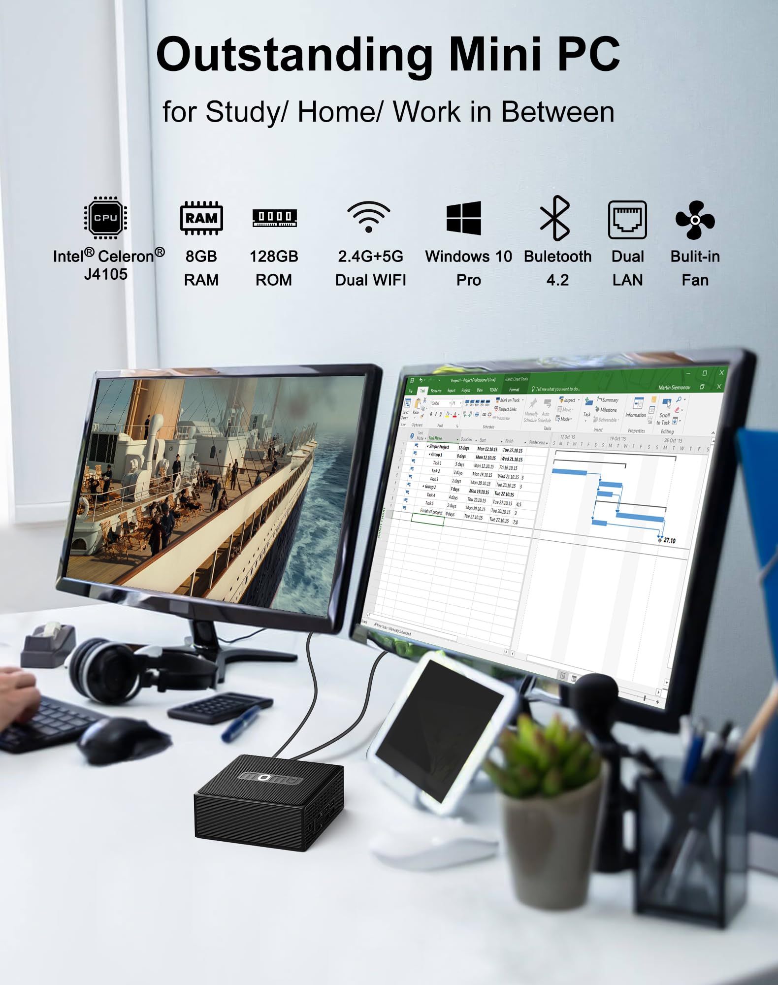 AWOW Mini PC, Intel Celeron Quad-Core J4105 8GB LPDDR4 128GB SSD Micro PC,Dual Gigabit Ethernet, 2X HDMI, 5X USB3.0, 2.4G+5G WiFi, Bluetooth BT4.2, Mini Desktop Computer