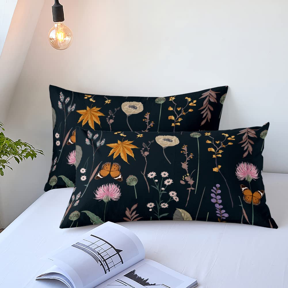 CCoutueChen Black Floral Duvet Cover King Size Vibrant Flower Leaves Printed Pattern Bedding Set with Butterfly 3 Pieces Soft Comfortable Microfiber Cover with Zipper and Ties