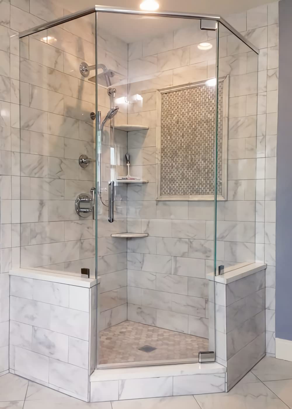 GEOONA 2 pcs Marble Shower Corner Shelf for Bathroom, 9'' Natural Marble Corner Shelves for Bath Wall Mounted Both Side Polished (2, Carrara White)