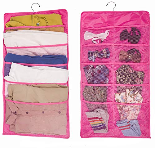 Amborido Dual Side Clothing Hanging Shelves 15 Mesh Pockets Closet Storage Organizer with Metal Hanger Rosy