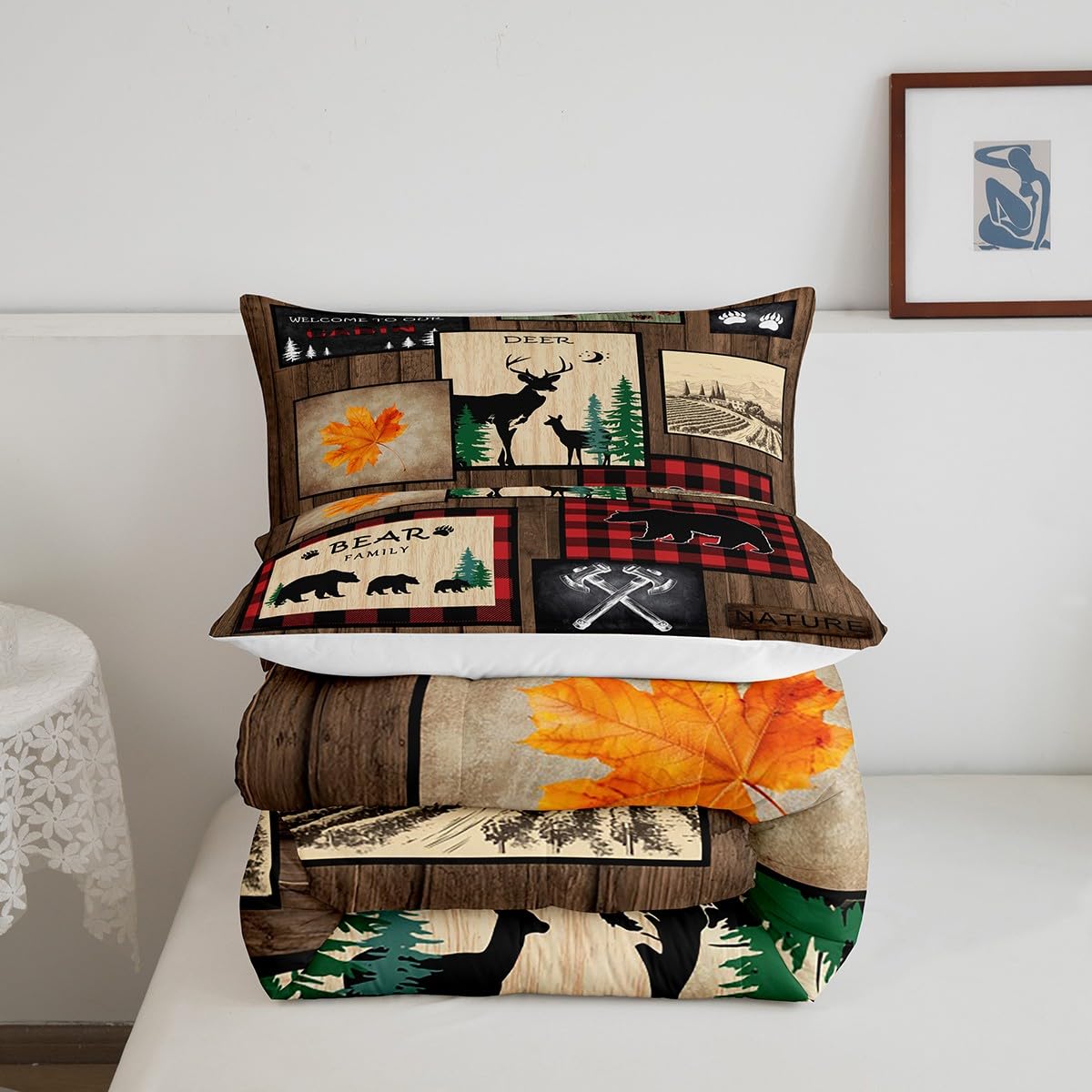 Manfei Rustic Comforter Set King Size, Wildlife Deer Bear Trees Print Quilt Set with 2 Pillowcases, Farmhouse Style Camping Bedding Set 3pcs for Kids Boys Teens Bedroom Decor