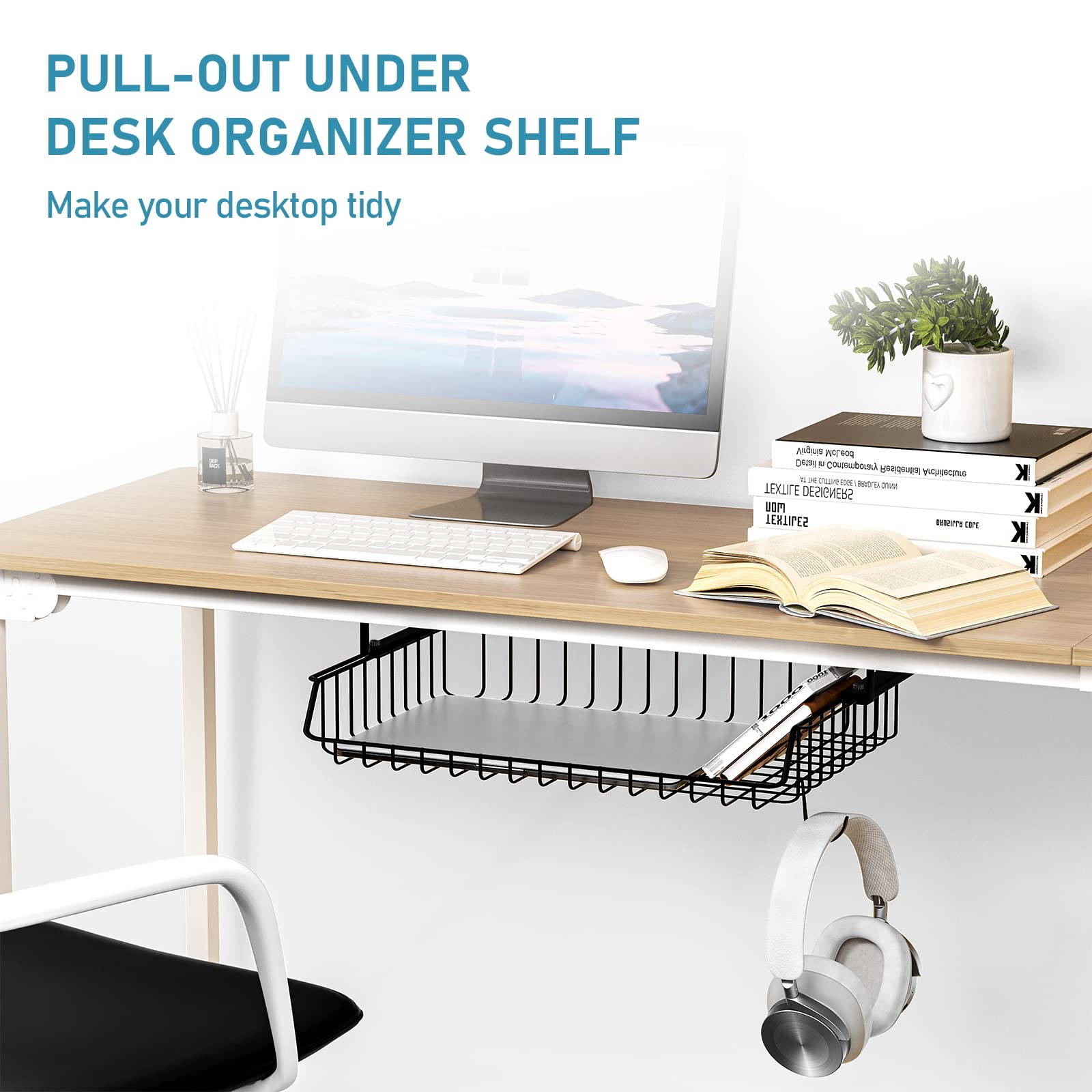 ADWOLT Under Desk Storage Shelf Drawer 1 Pack No Drill Metal Table Cable Basket Drawer Slide Out for Storing Extension Cords,Set Top Box,Under Desk Cable Management Organizer Rack for Home