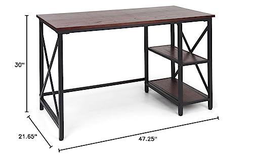 Displays2go Industrial-Style Desk, Two Shelves, Steel X Sides - Dark Wood Tone (FDXDESKBRN)
