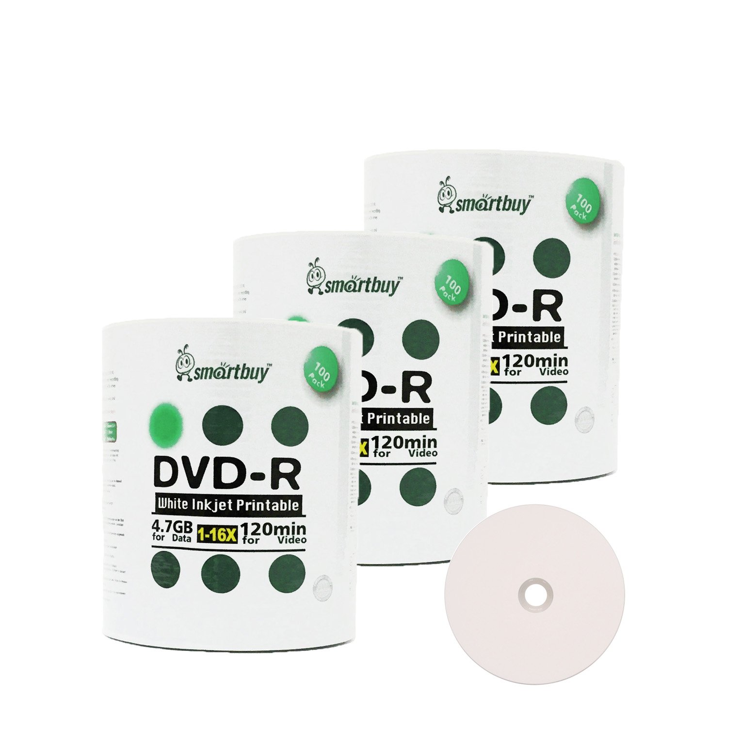 Smartbuy 300-disc 4.7gb/120min 16x DVD-R White Inkjet Hub Printable Blank Data Recordable Media Disc