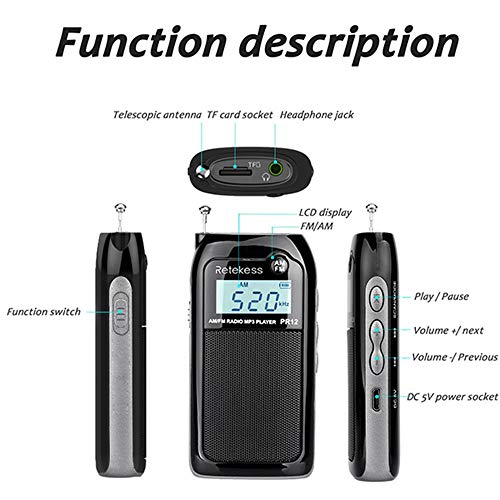 Retekess PR12 Digital Radio, Pocket Radio AM FM, Mini Radio with Micro SD, Backlit Display and Earphone Jack, Suit for Jogging and Gym (Black)