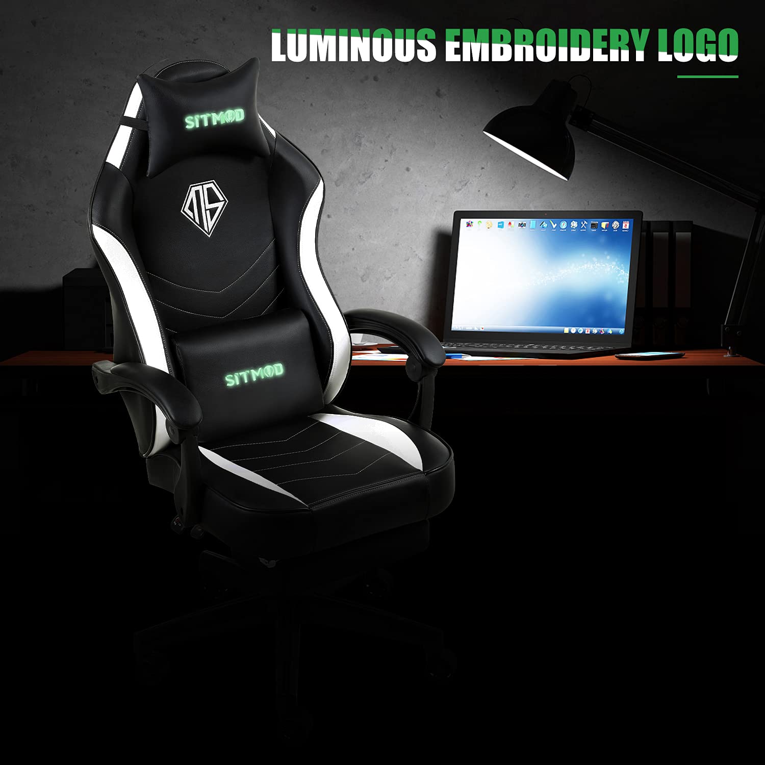 SITMOD Gaming Chair with Footrest-PC Computer Ergonomic Video Game Chair-Backrest and Seat Height Adjustable Swivel Task Chair for Adults with Headrest and Lumbar Support(Black-White)-PU Leather