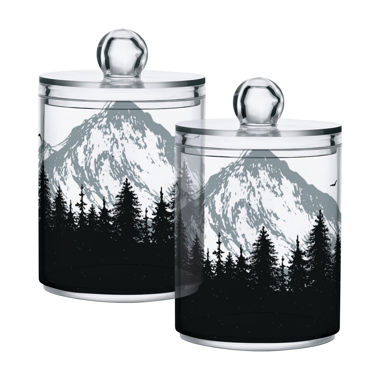 KEEPREAL Nature Mountains and Forest Qtip Holder Dispenser with Lids, 2PCS Plastic Food Storage Canisters, Apothecary Jar Containers for Vanity Organizer Storage