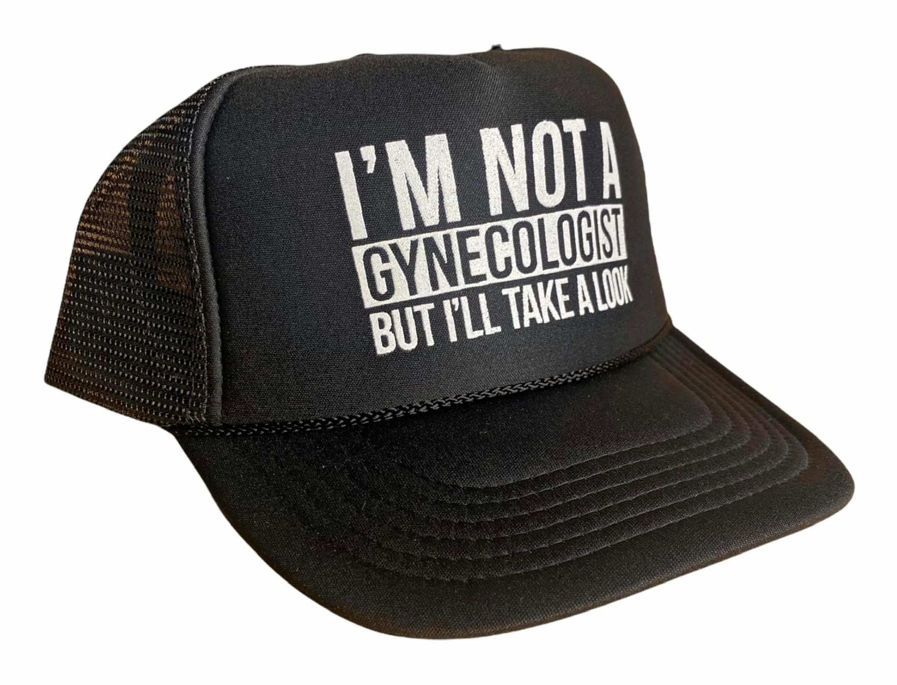 I'm Not A Gynecologist But I'll Take A Look Snapback Trucker Hat for Men or Women, Vintage Fit with Funny Novelty Graphic, Custom Mesh Cap Black