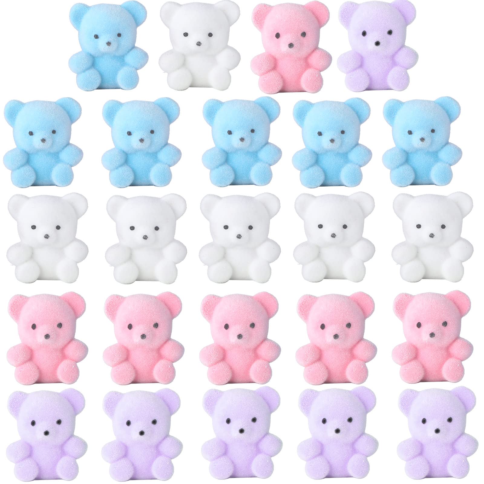 Aoriher 24 Pcs Miniature Flocked Plush Mini Bears Stuffed Bear Decorations for Birthday Baby Shower Cake Wedding Decorations Party Favor Supplies Bag Charm DIY (White, Pink, Purple, Blue)